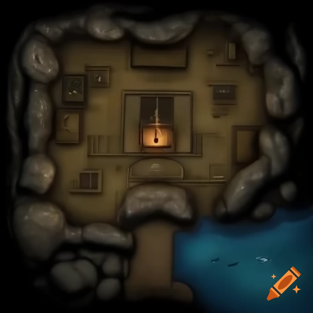 Battle map of rocky cliffside cave for D&D encounter on Craiyon