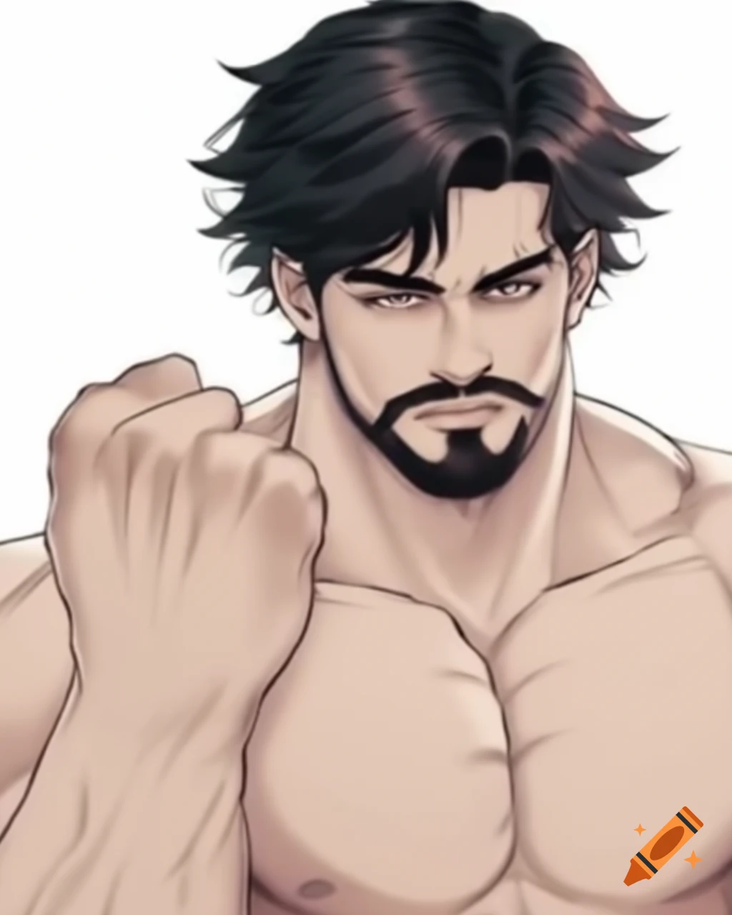 Anime depiction of strong male character with black hair and beard ...