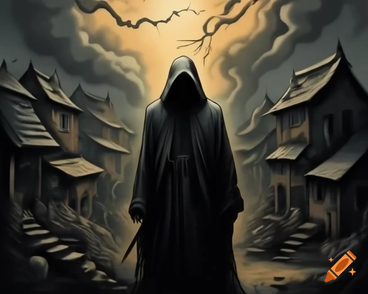 Cloaked figure casting shadow in smoke-filled village, hinting at ...