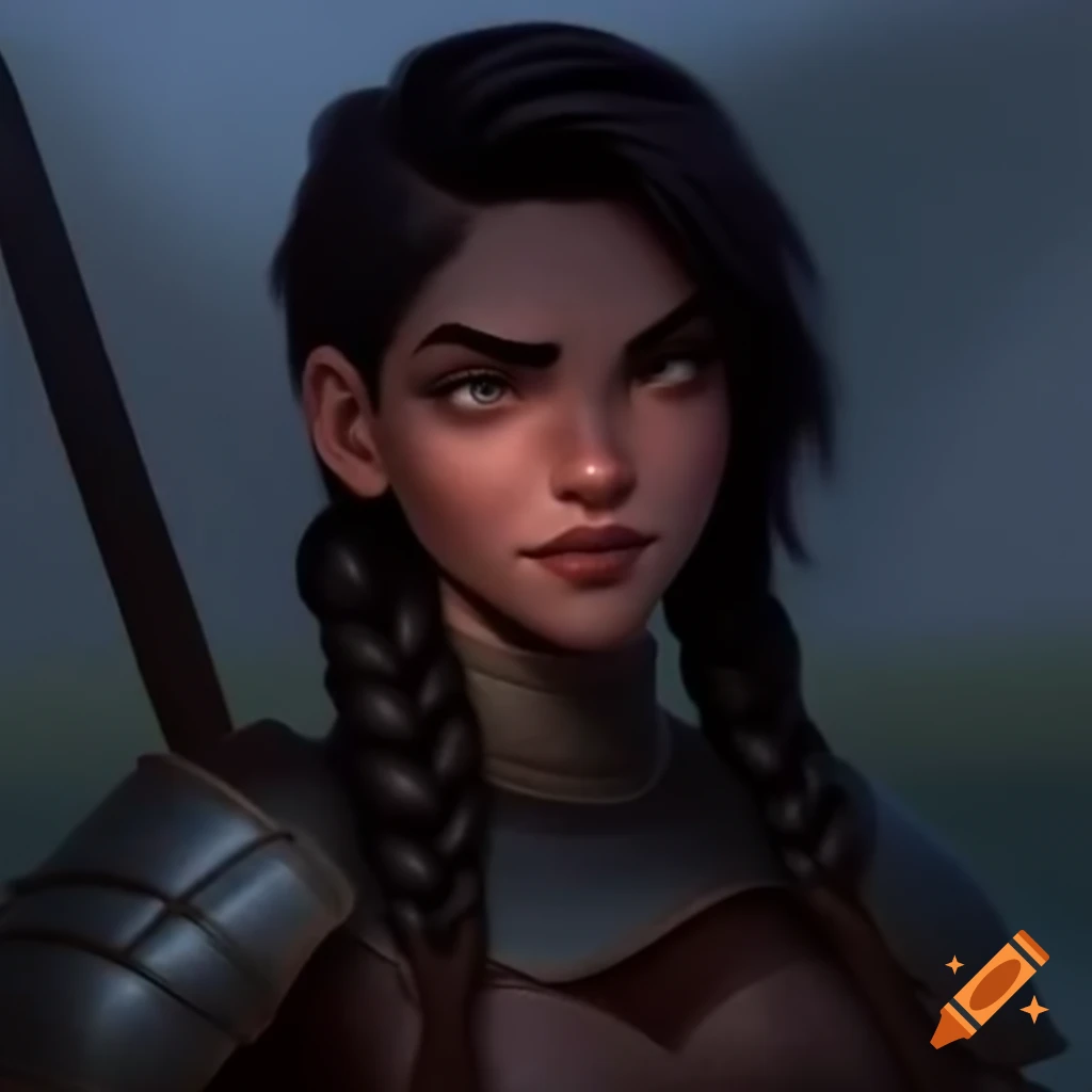Mixed race female in leather armor with braided hair and nose scar on ...