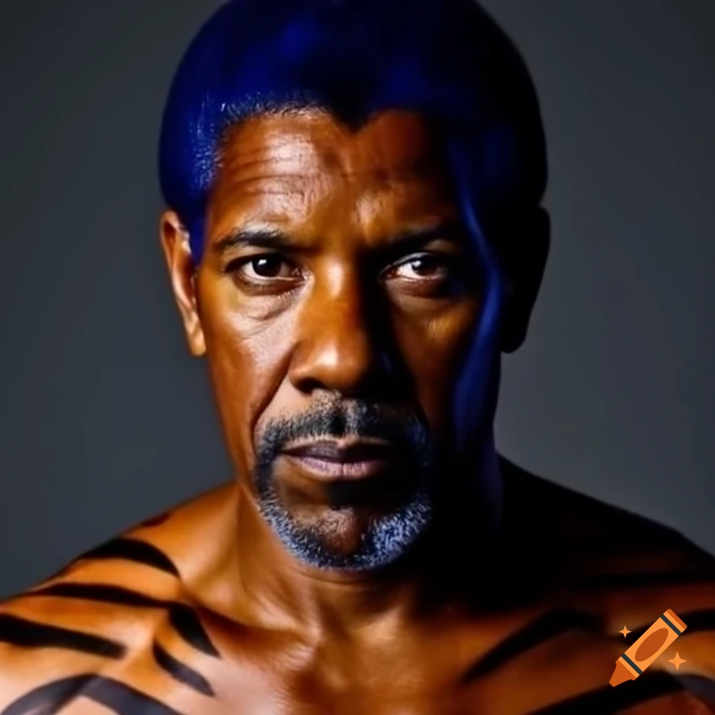 Denzel Washington with tiger-style makeup featuring blue hair and black ...