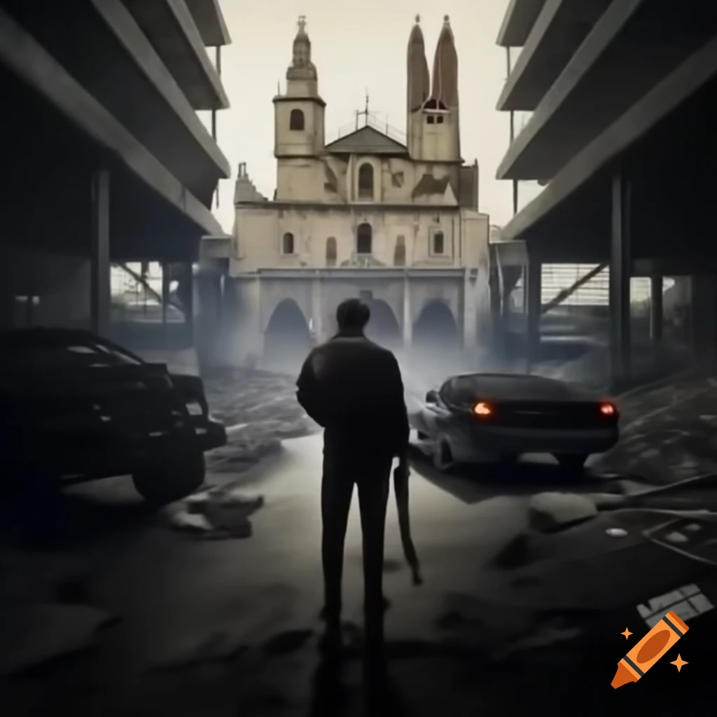 Man with a backpack and machete overlooking a city overtaken by nature and abandoned cars on Craiyon