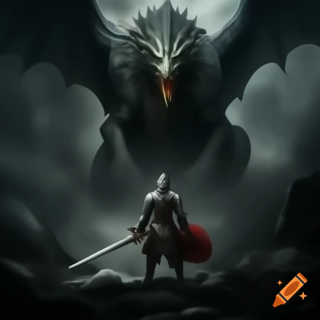 Knight kneeling over sword after defeating dragon on Craiyon