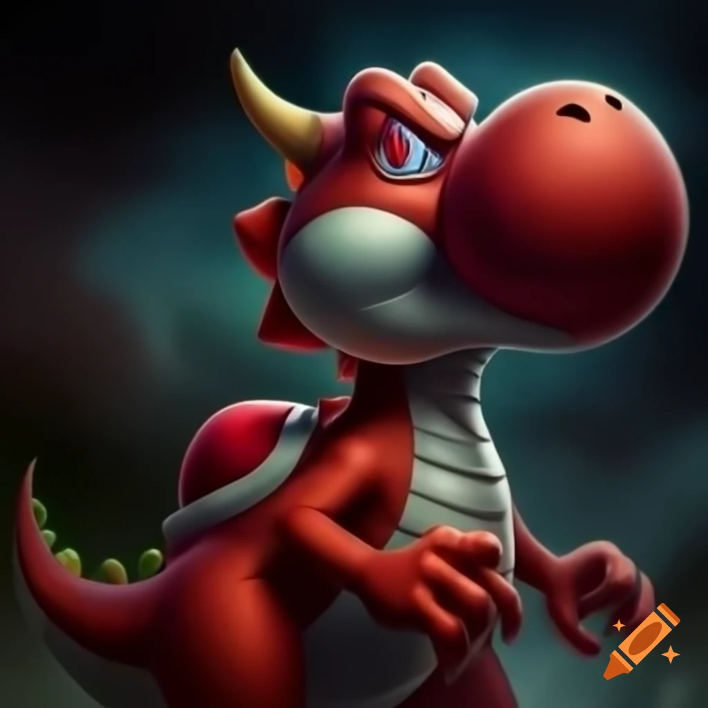 Furious red yoshi glaring intensely with reptilian horns on Craiyon