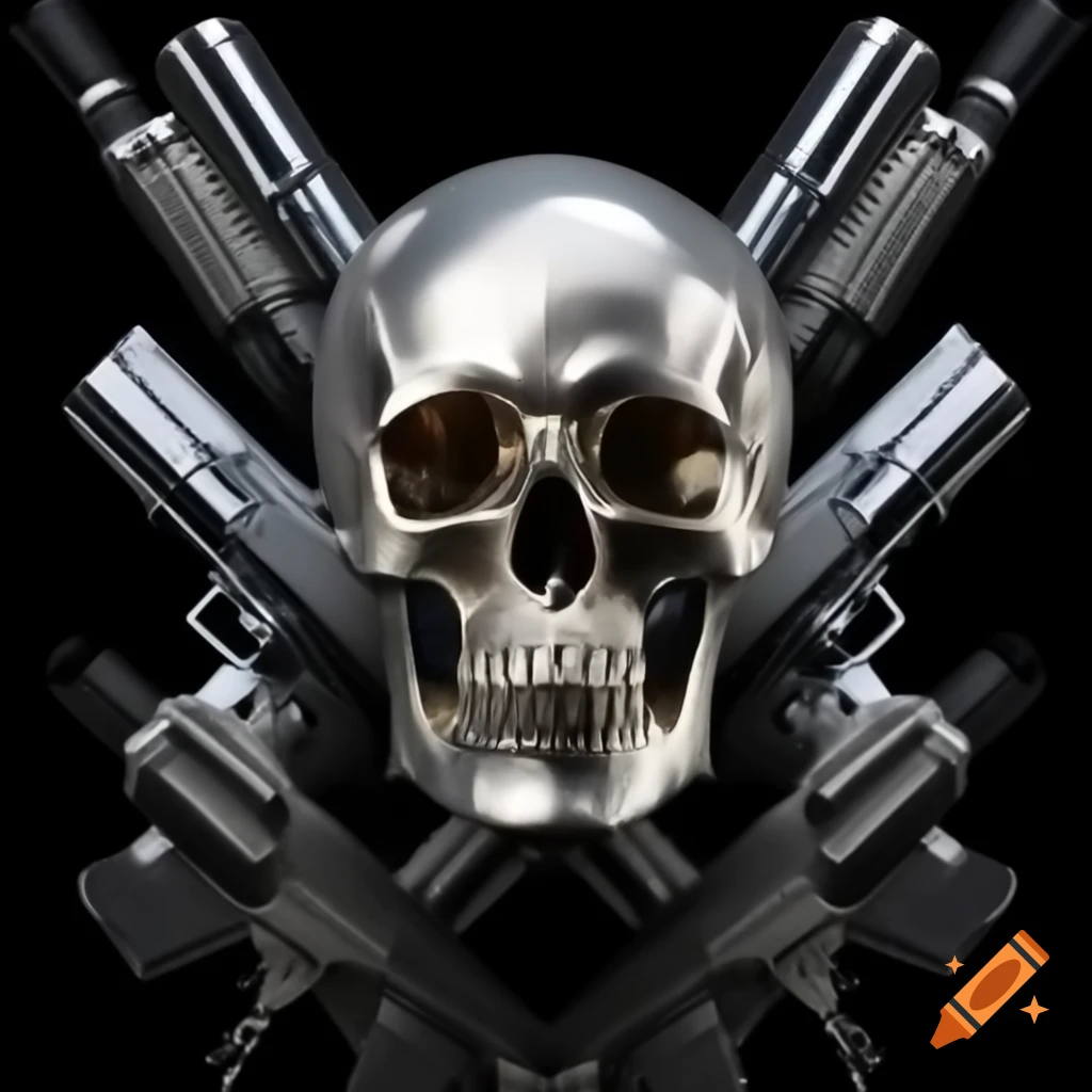 Shimmering shiny silver skull with guns in high definition on Craiyon