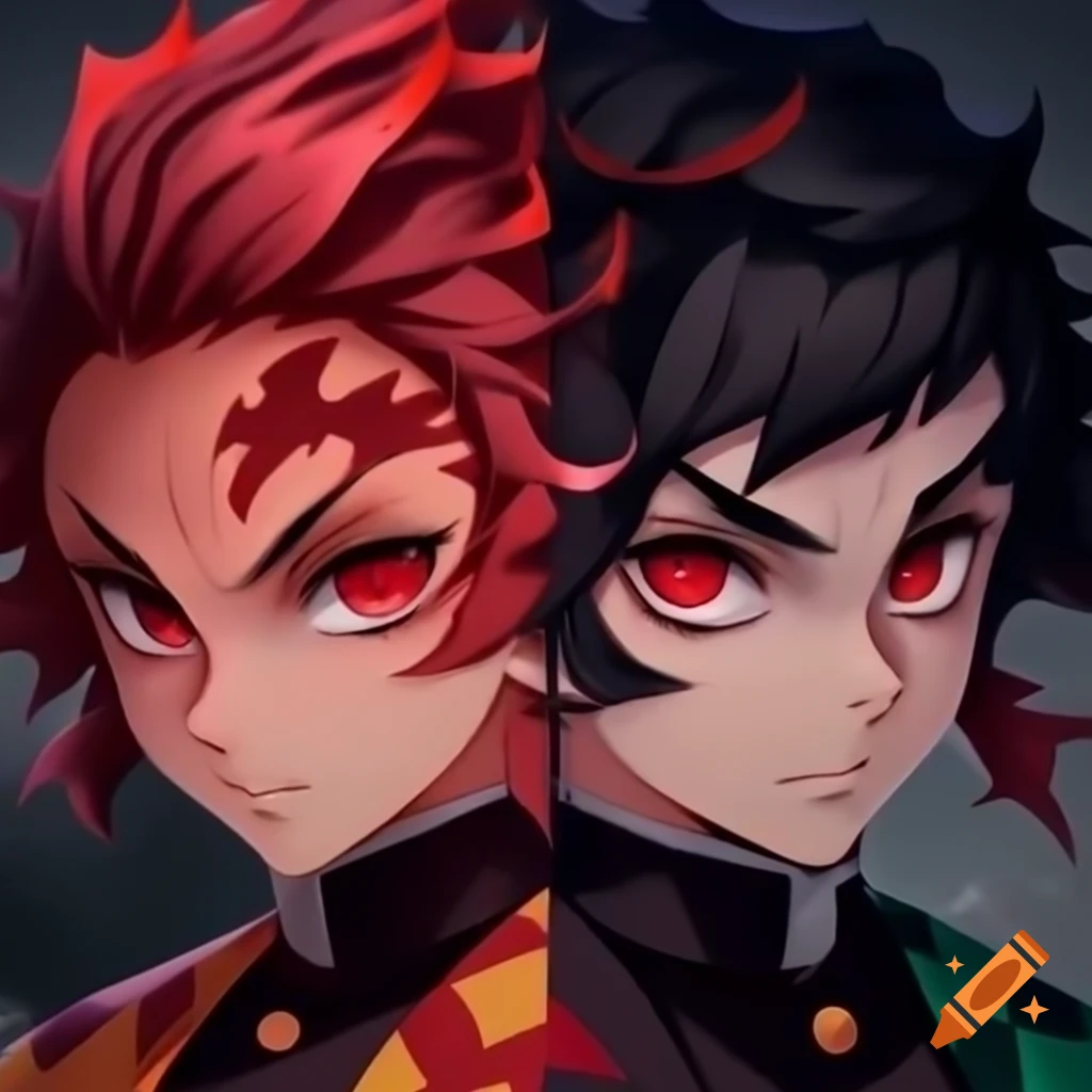 Twin male demon slayers with red and black hair in black kimonos on Craiyon