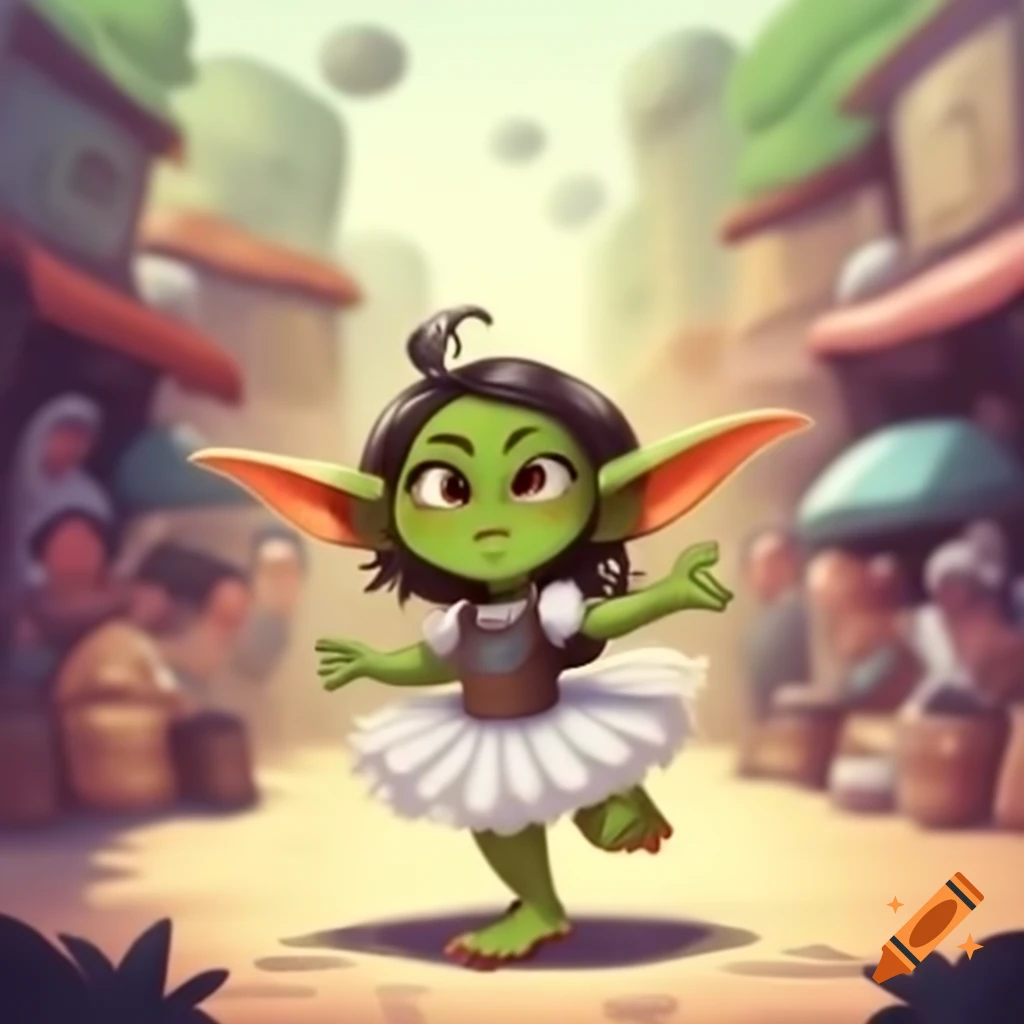 Goblin girl in ballet tutu dancing barefoot in bustling marketplace on ...