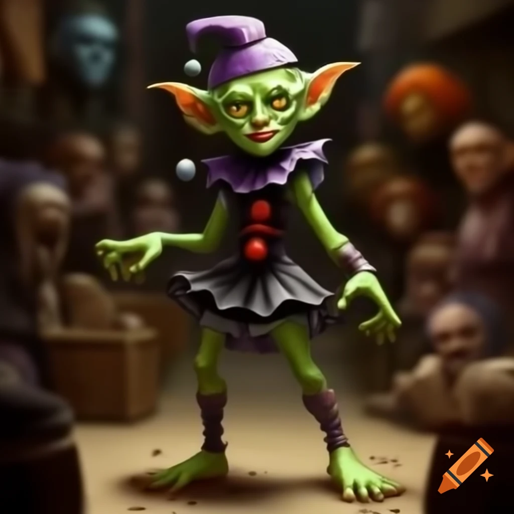 Green-skinned goblin girl in harlequin outfit dancing in bustling marketplace on Craiyon