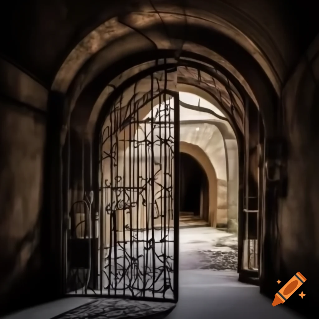 Iron-wrought gate opening into shadowy ancient dungeon on Craiyon