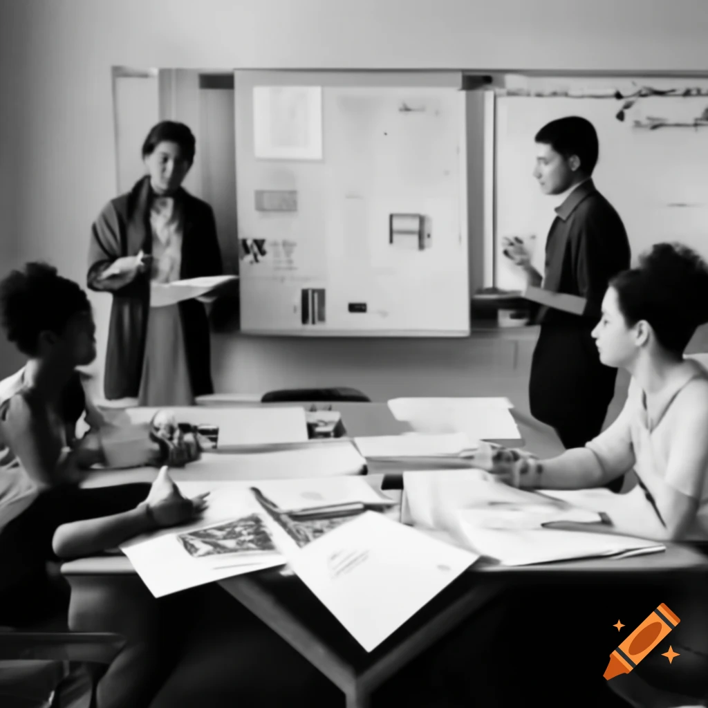 Diverse community leaders collaborating around feedback forms in a reflective environment on Craiyon