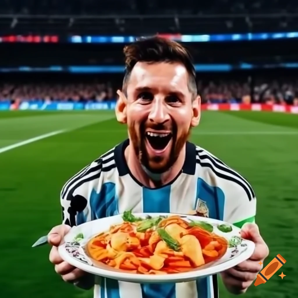 Lionel messi enjoying a hearty plate of pasta off the field on Craiyon