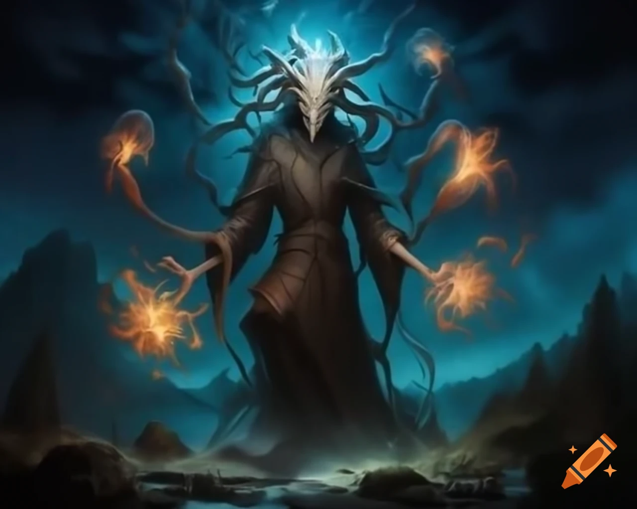 Spectral entity with fireworks in dark fantasy landscape on Craiyon