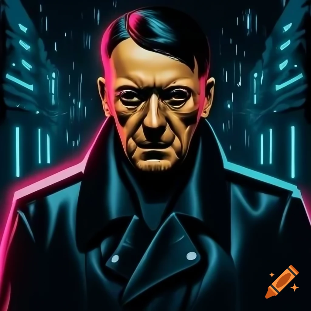 Close up of a character resembling Adolf Hitler in neon cyberpunk ...