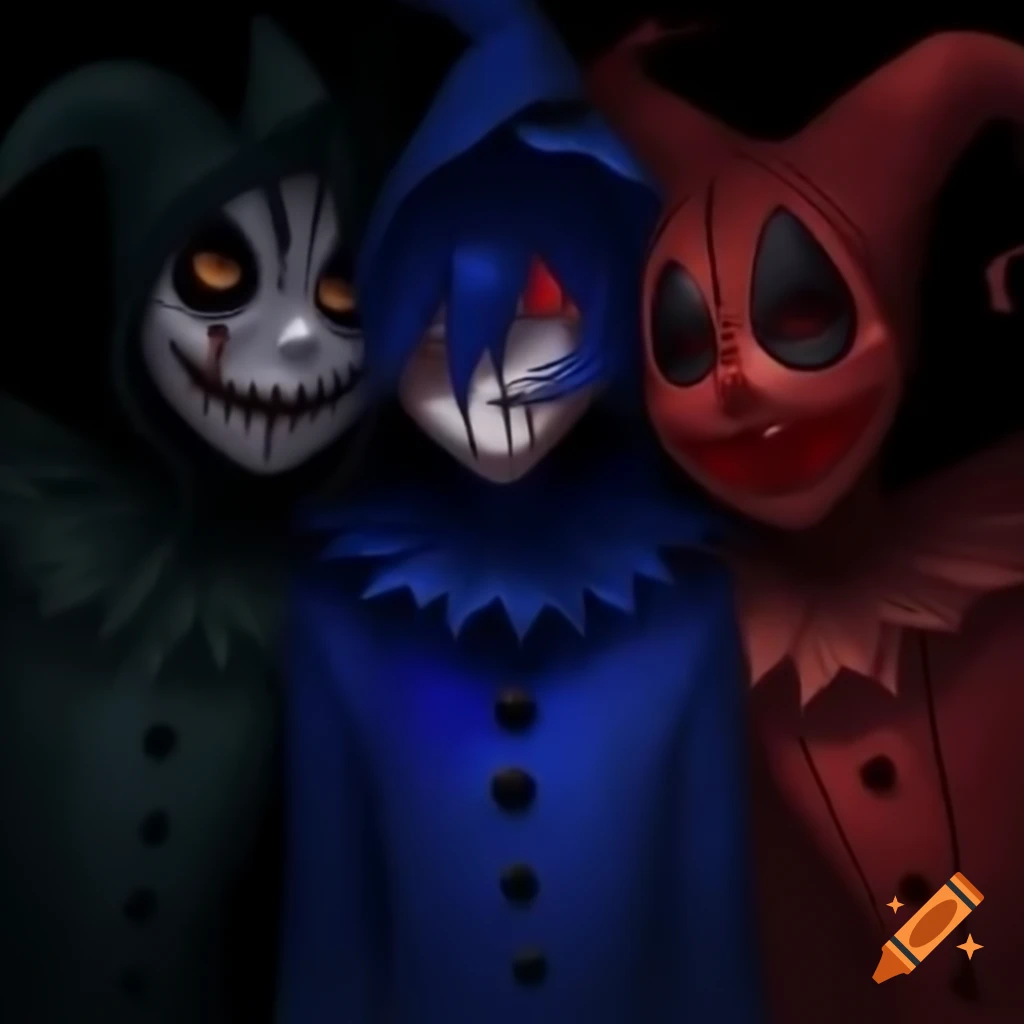 Eerie jester with three broken masks in darkness on Craiyon