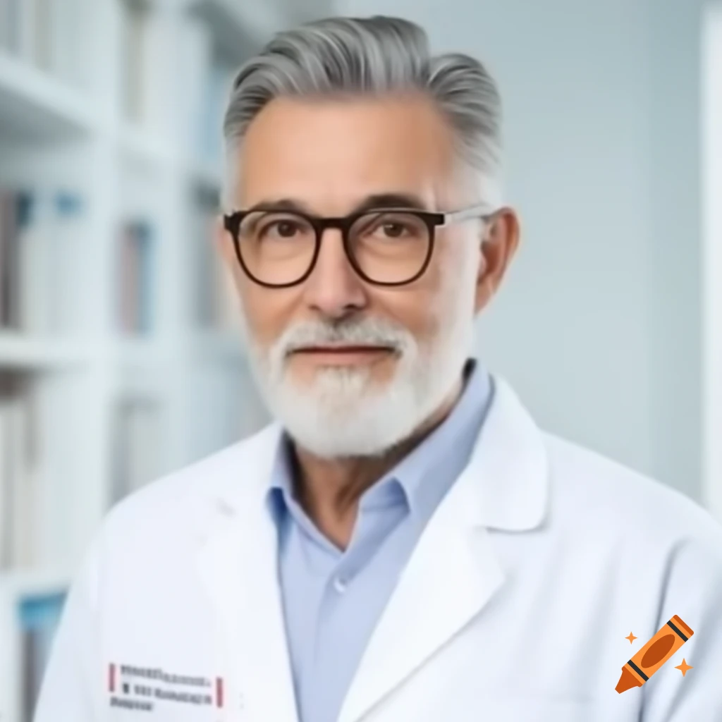Experienced male doctor avatar with grayed hair and beard in lab coat ...