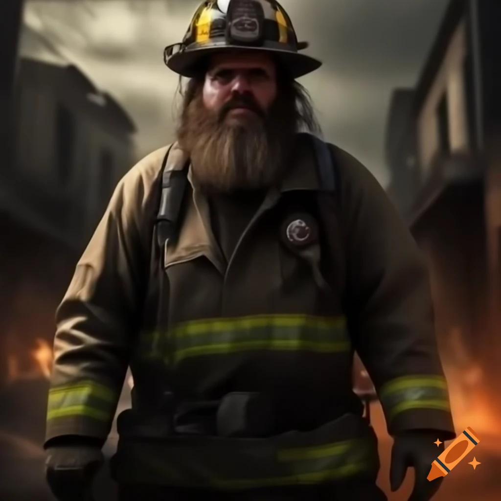 Firefighter in post-apocalyptic zombie world, rugged appearance on Craiyon