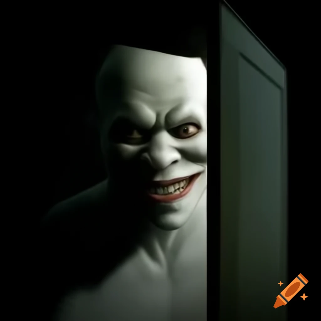 Man with sinister smile peeking through slightly opened door in shadows ...