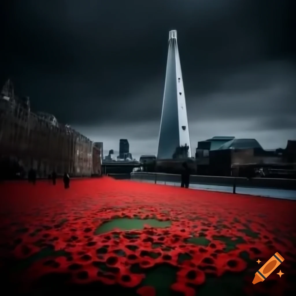 Poppies falling over The Shard in London for Remembrance Day on Craiyon