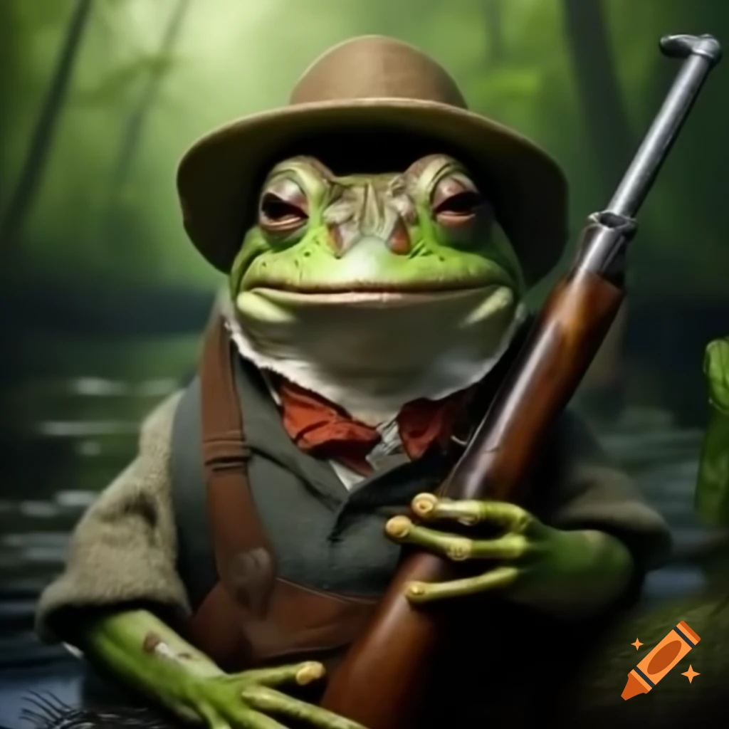 Frog-headed human in medieval farmer clothes holding rifle in swamp on ...