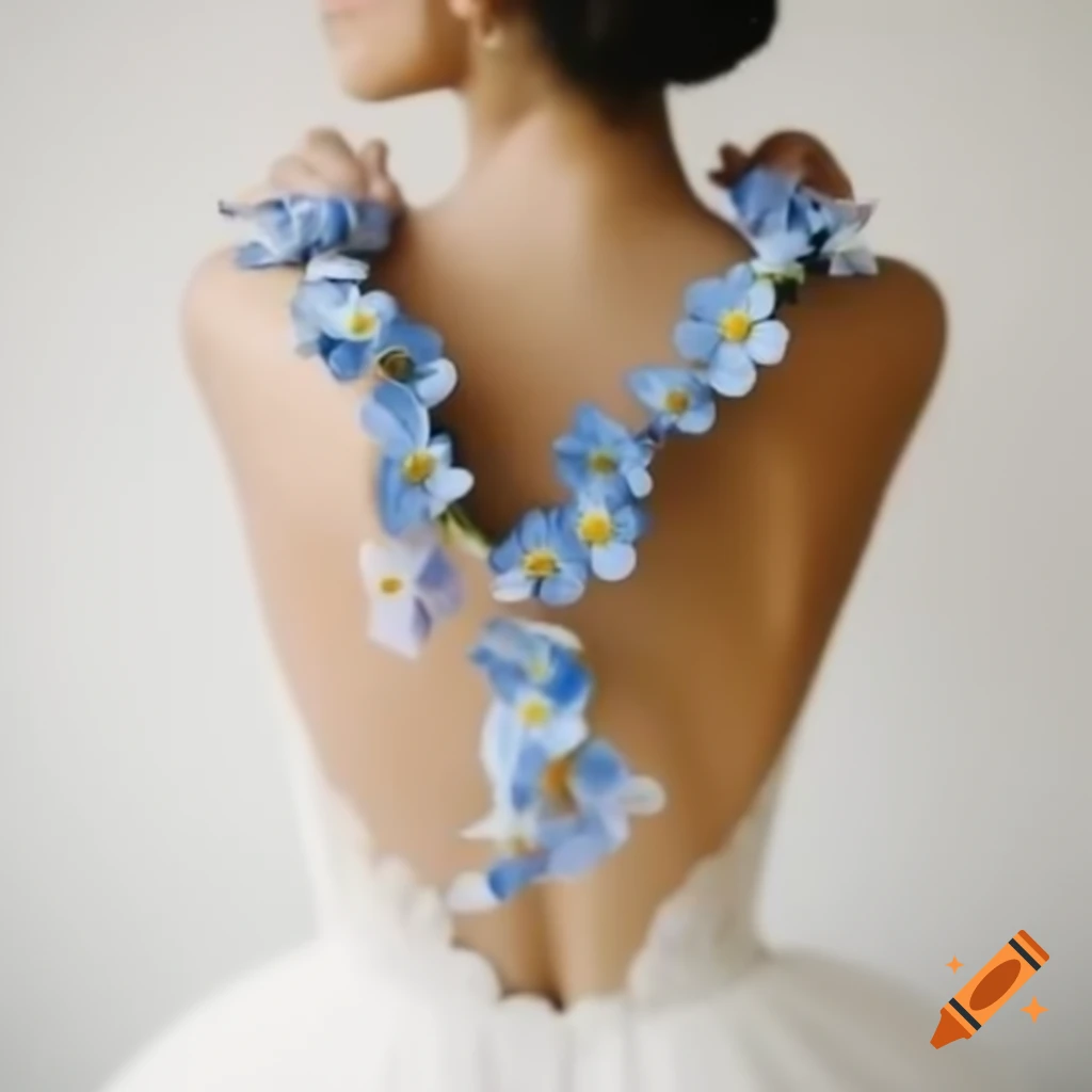 Bride with forget-me-nots lei in pikake style, featuring three strands ...