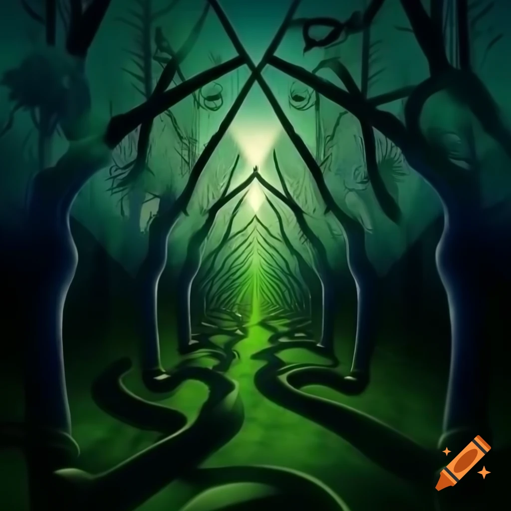 Enchanted forest with sentient trees and abstract trunks against ...