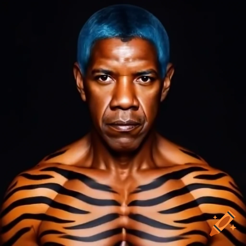 Muscular man with tiger-style makeup and blue hair, orange skin, and ...