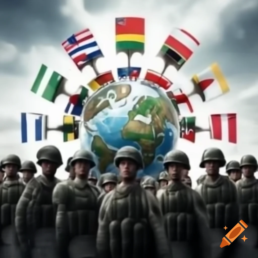 Globe surrounded by soldiers from different countries with flags on Craiyon