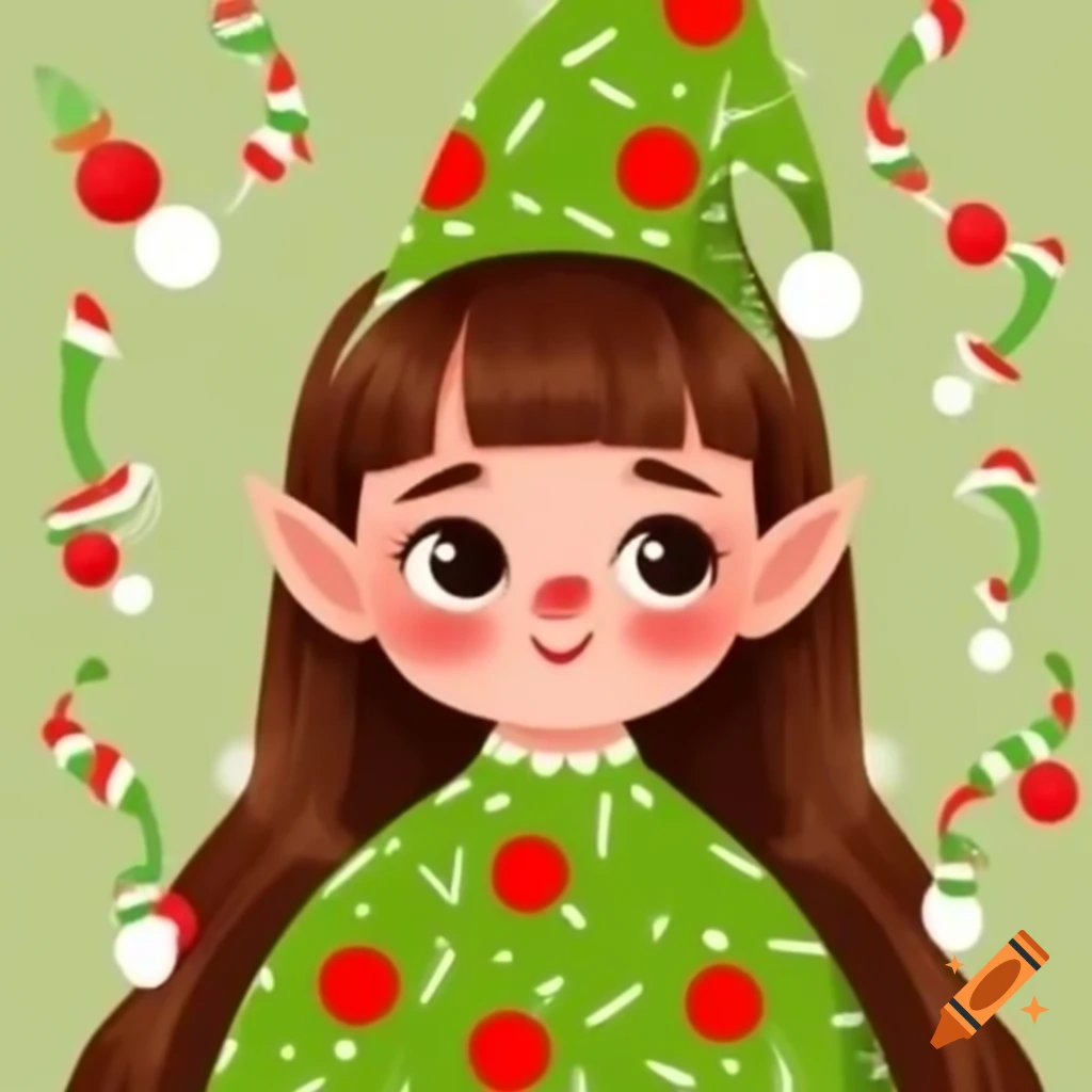 Cute Christmas elf with brown hair and green eyes in peppermint outfit ...
