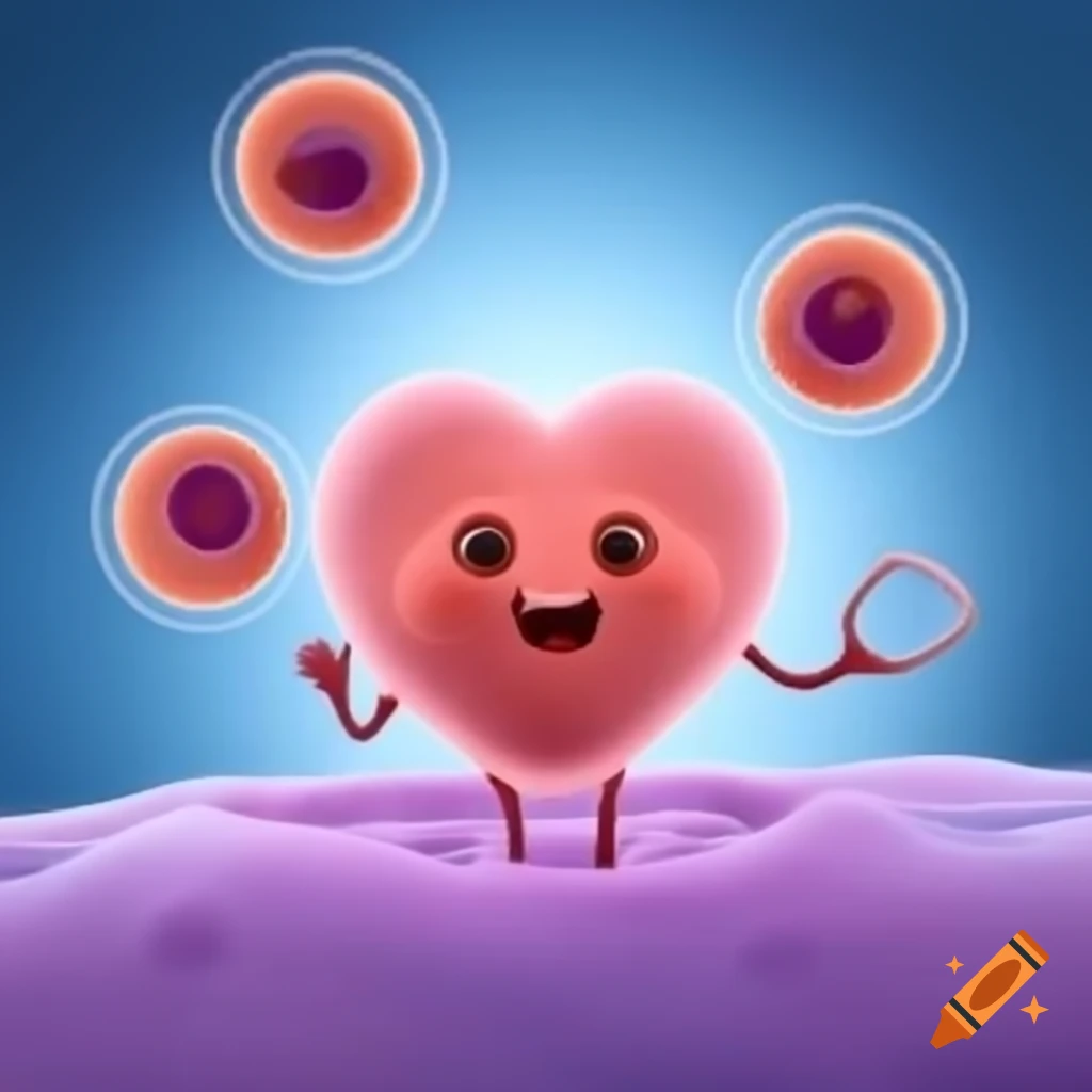 Caricature of stem cells creating heart cells to save a baby on Craiyon