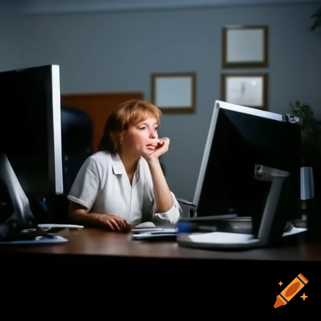 Person of color sitting at desk looking confused at desktop computer on Craiyon