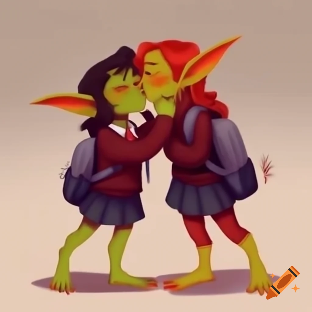 Two goblin friends in school uniforms sharing a playful moment on Craiyon
