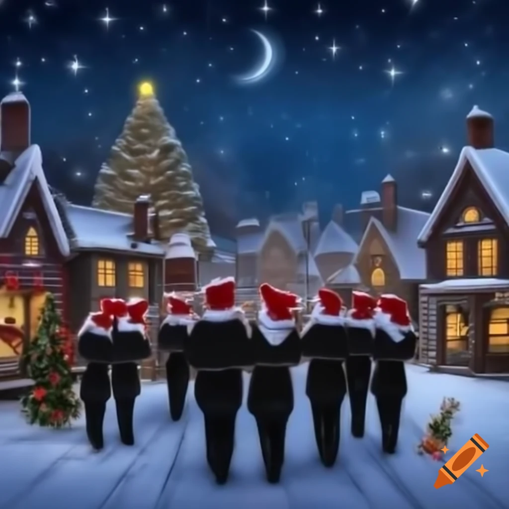 Snowy Christmas village with brass band in red Santa hats around ...