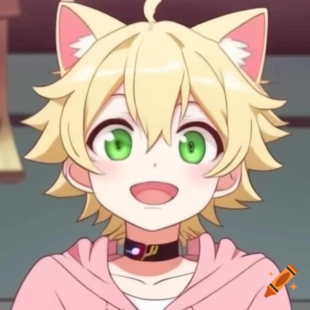 Anime catboy with blonde hair and green eyes wearing pink clothes and a ...