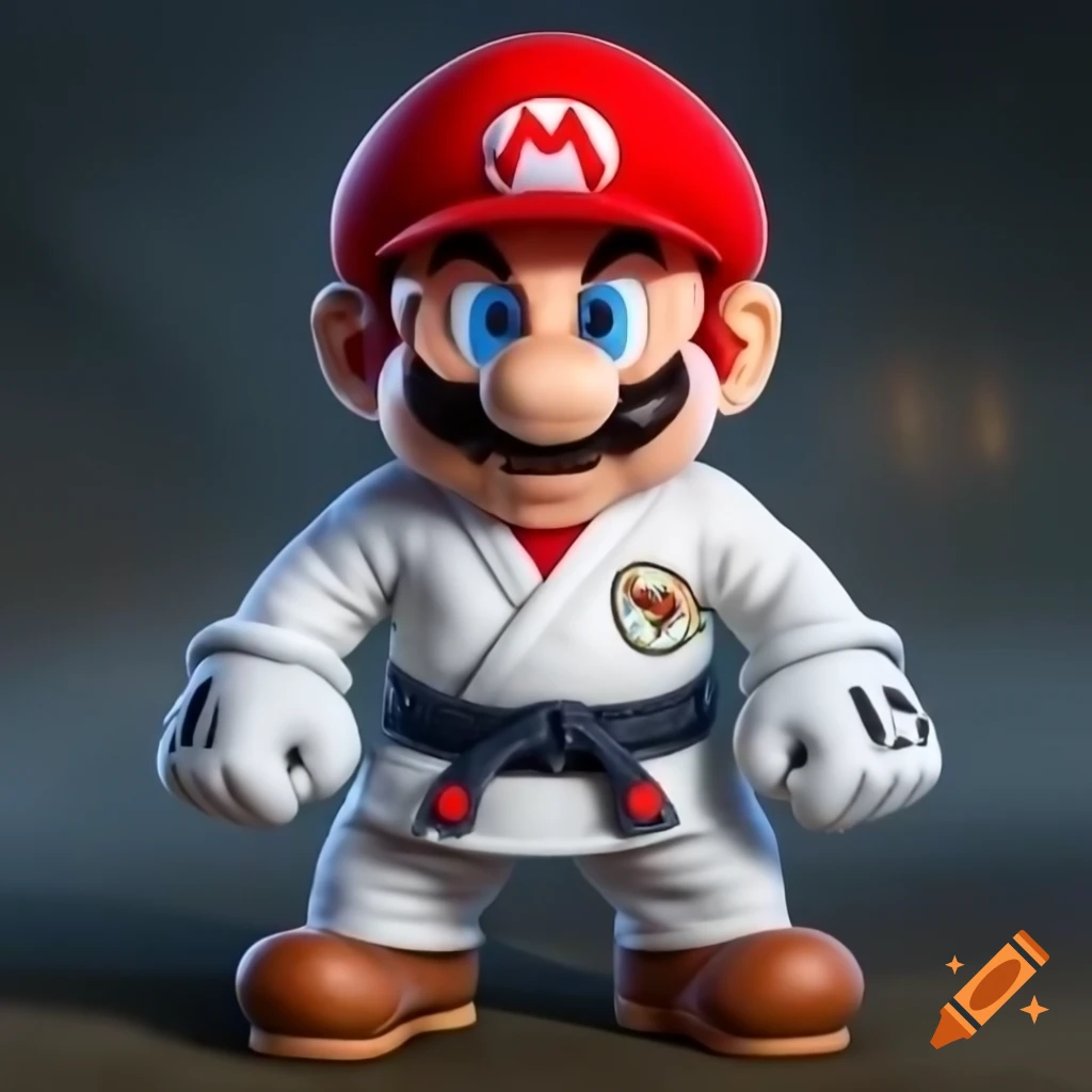 Mario in white judogi ready for martial arts showdown on Craiyon