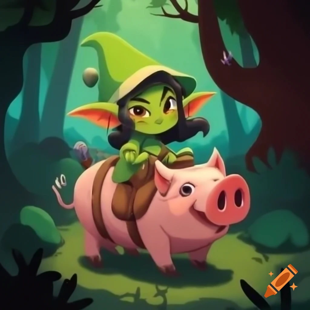 Goblin girl riding pig through enchanted forest on Craiyon