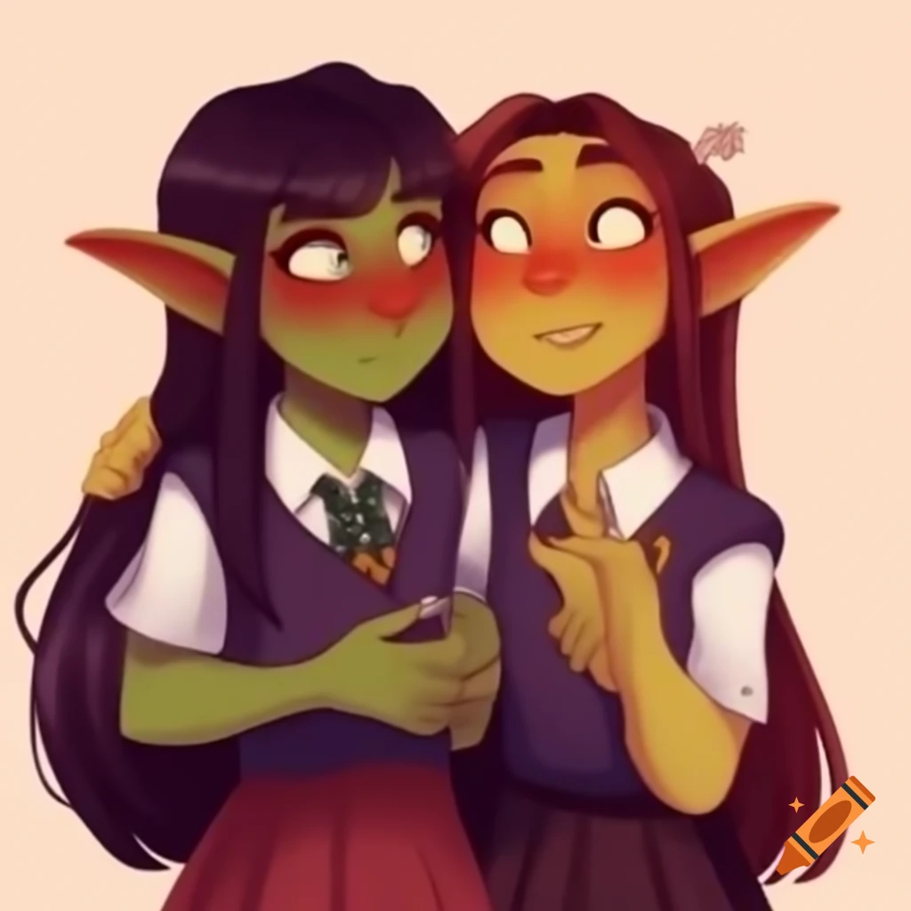 Two young goblin friends in school uniforms sharing a playful moment on ...