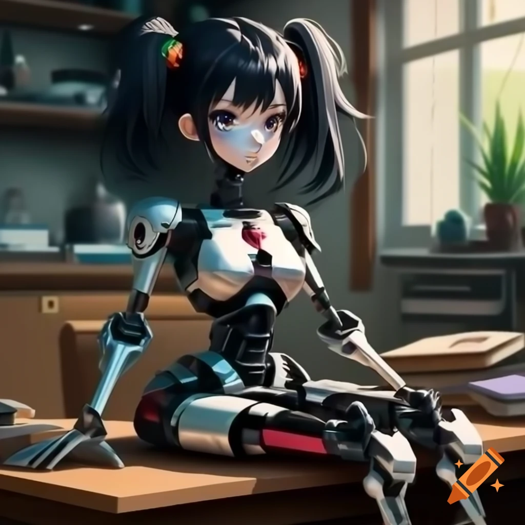 Anime-style slender robotic girl in jester uniform sitting on workshop ...