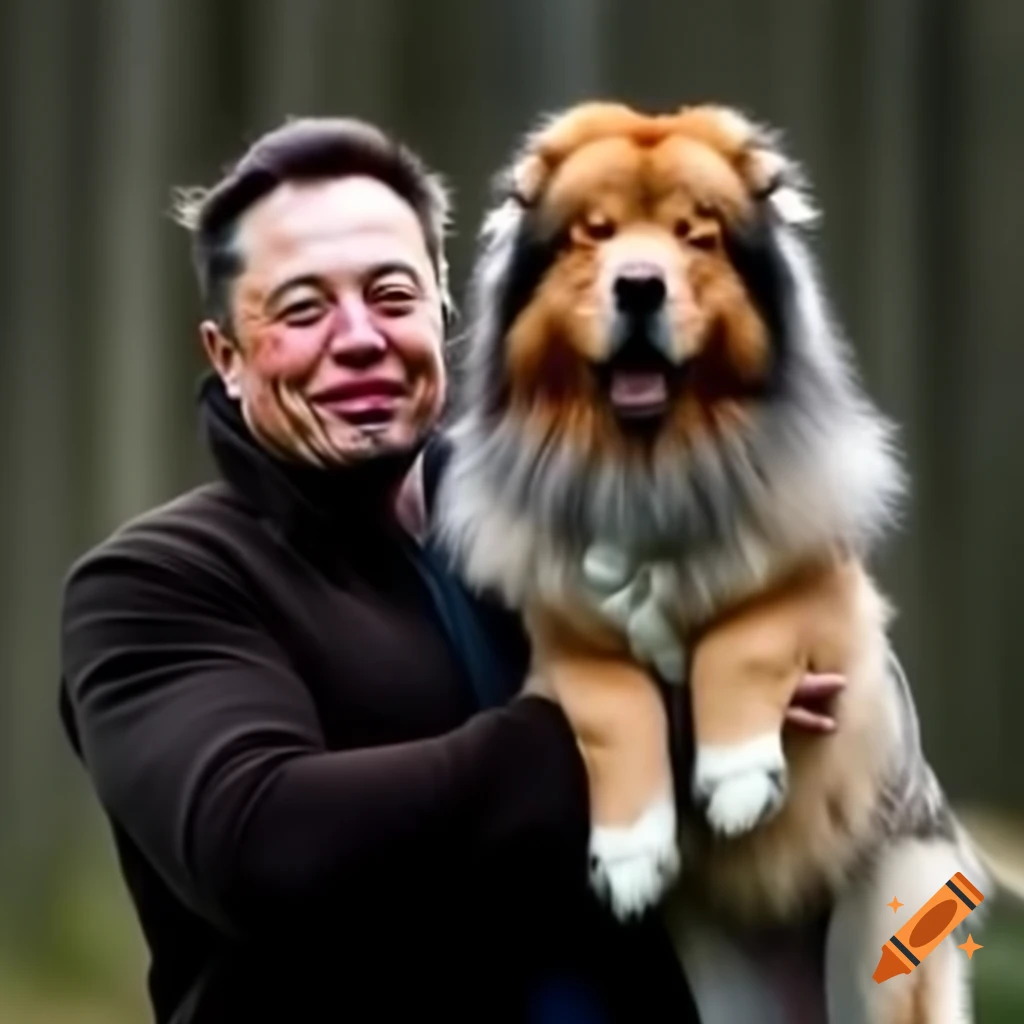 Elon Musk holding a dog with a mask of Donald Trump's face on Craiyon