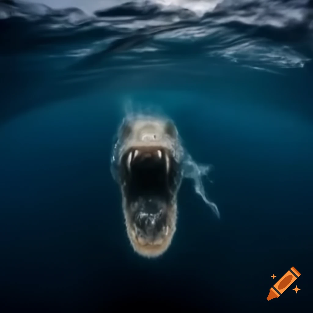 Vast ocean with dark depths and a barely visible gigantic monster on ...