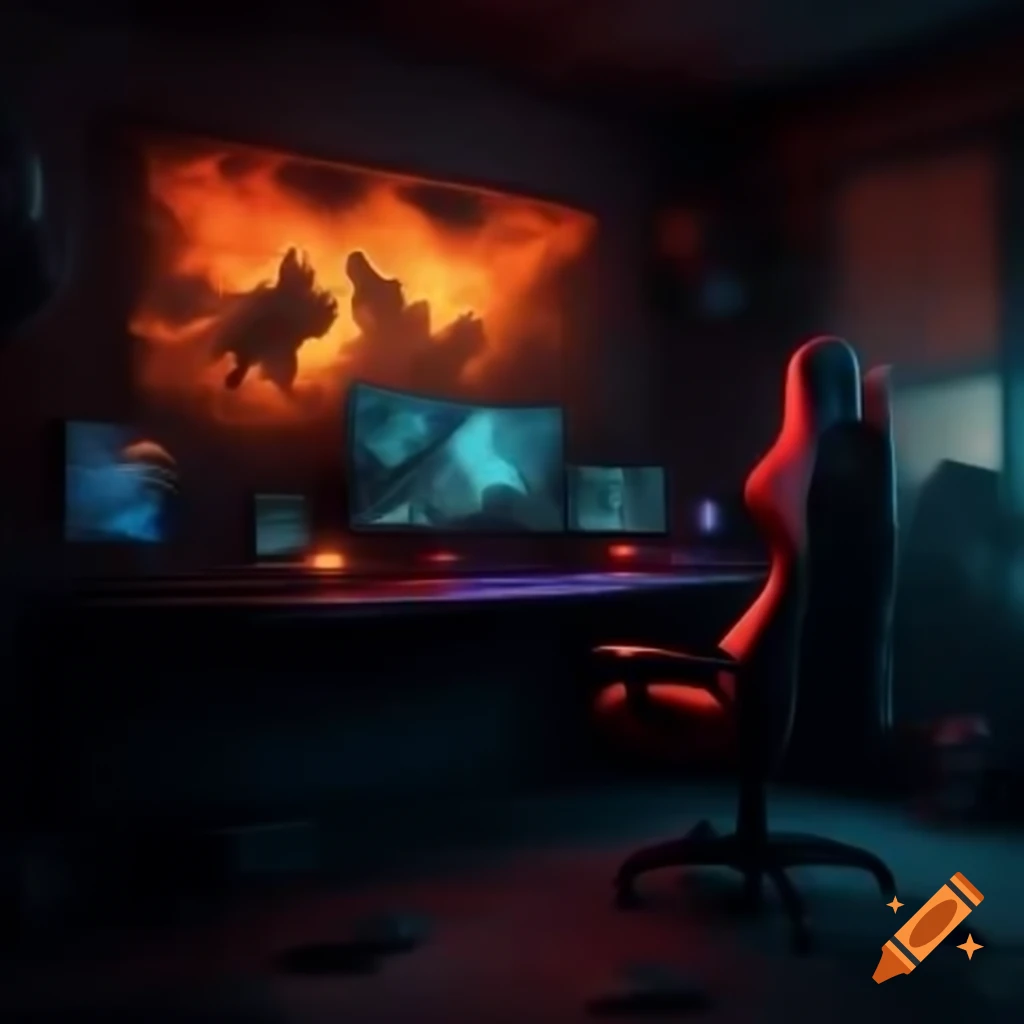 Dimly lit gaming room with flickering flames from partially burning ...