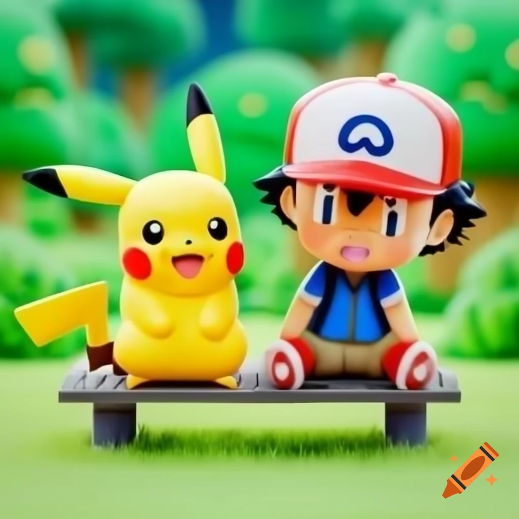 Pikachu and ash sitting on a bench in a park, kawaii 3d animated ...