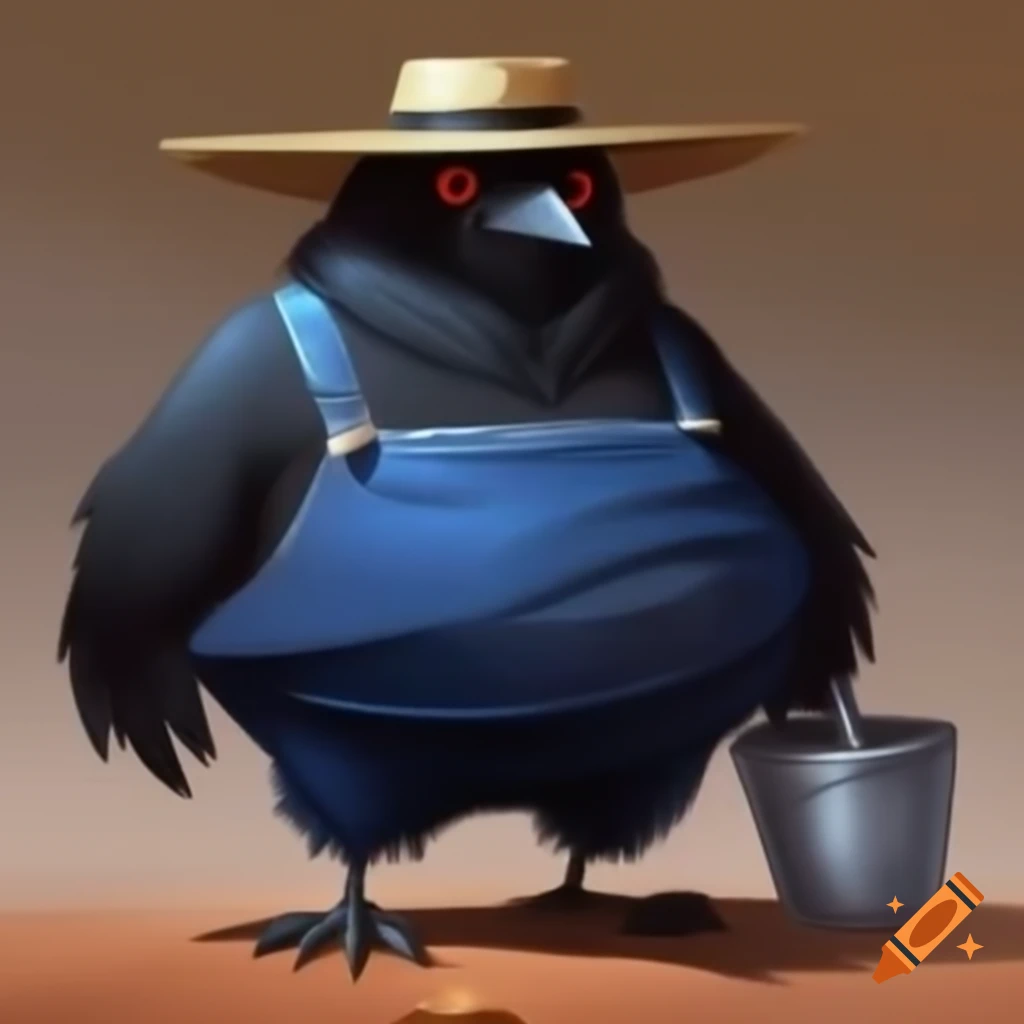 Anthropomorphic crow in overalls and straw hat, depicting a humorous ...
