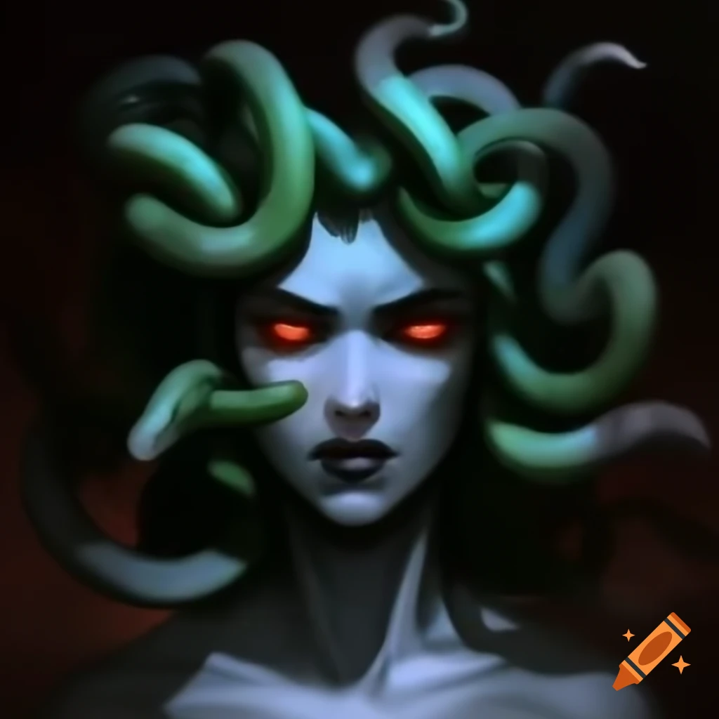 Neotraditional-style art of Medusa with intense expression on Craiyon