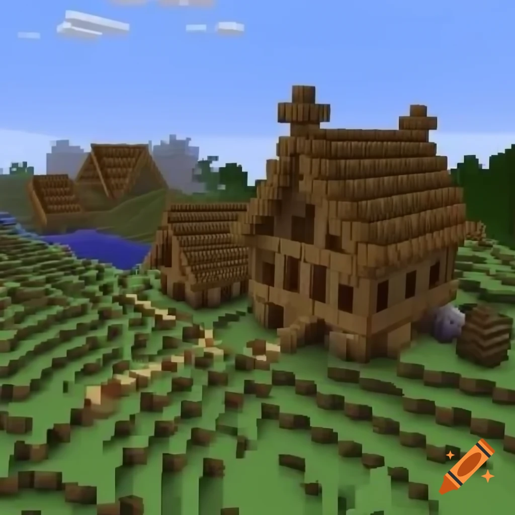 Idyllic Minecraft village among rolling plains with ancient stone ...