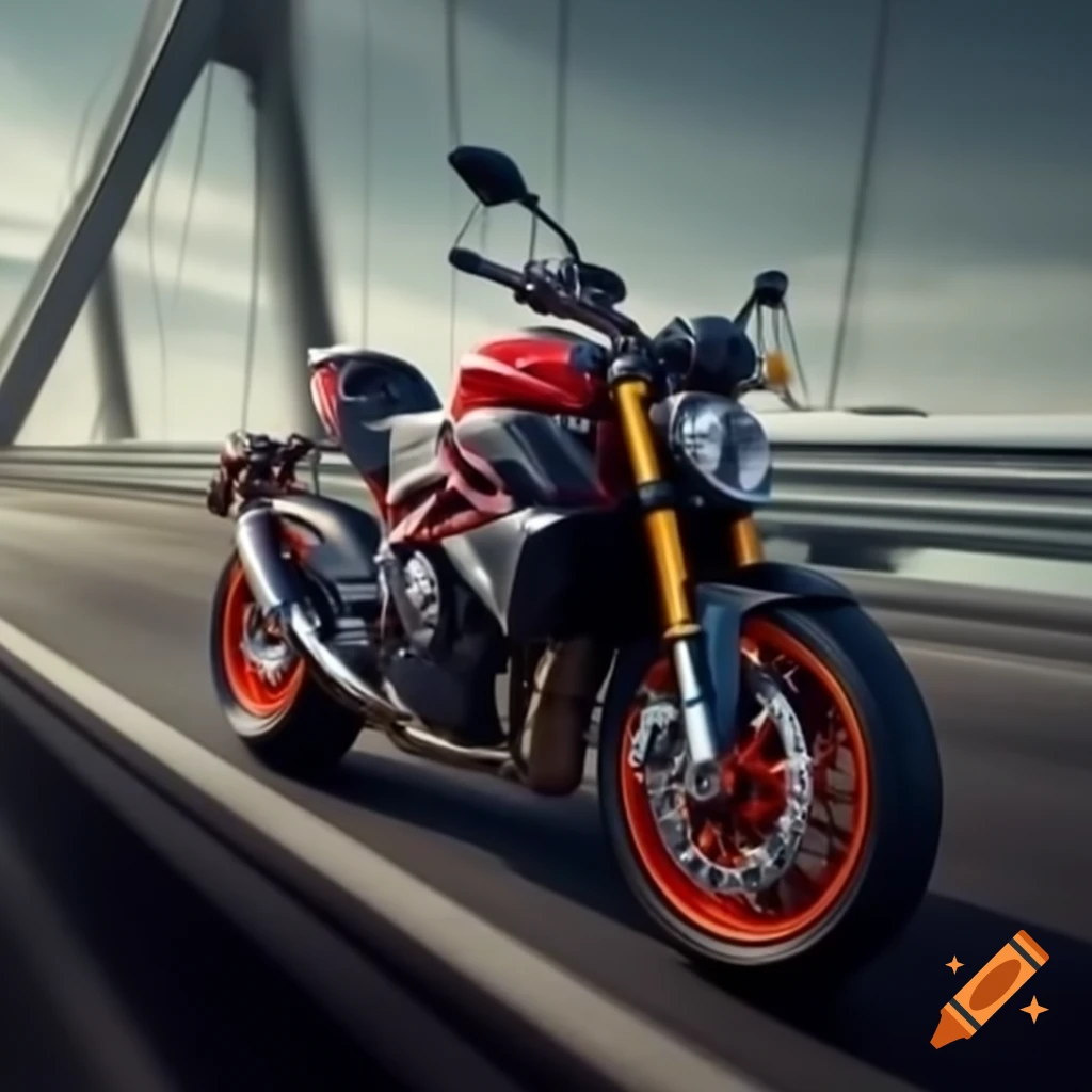 Crimson red superbike speeding on bridge towards camera on Craiyon