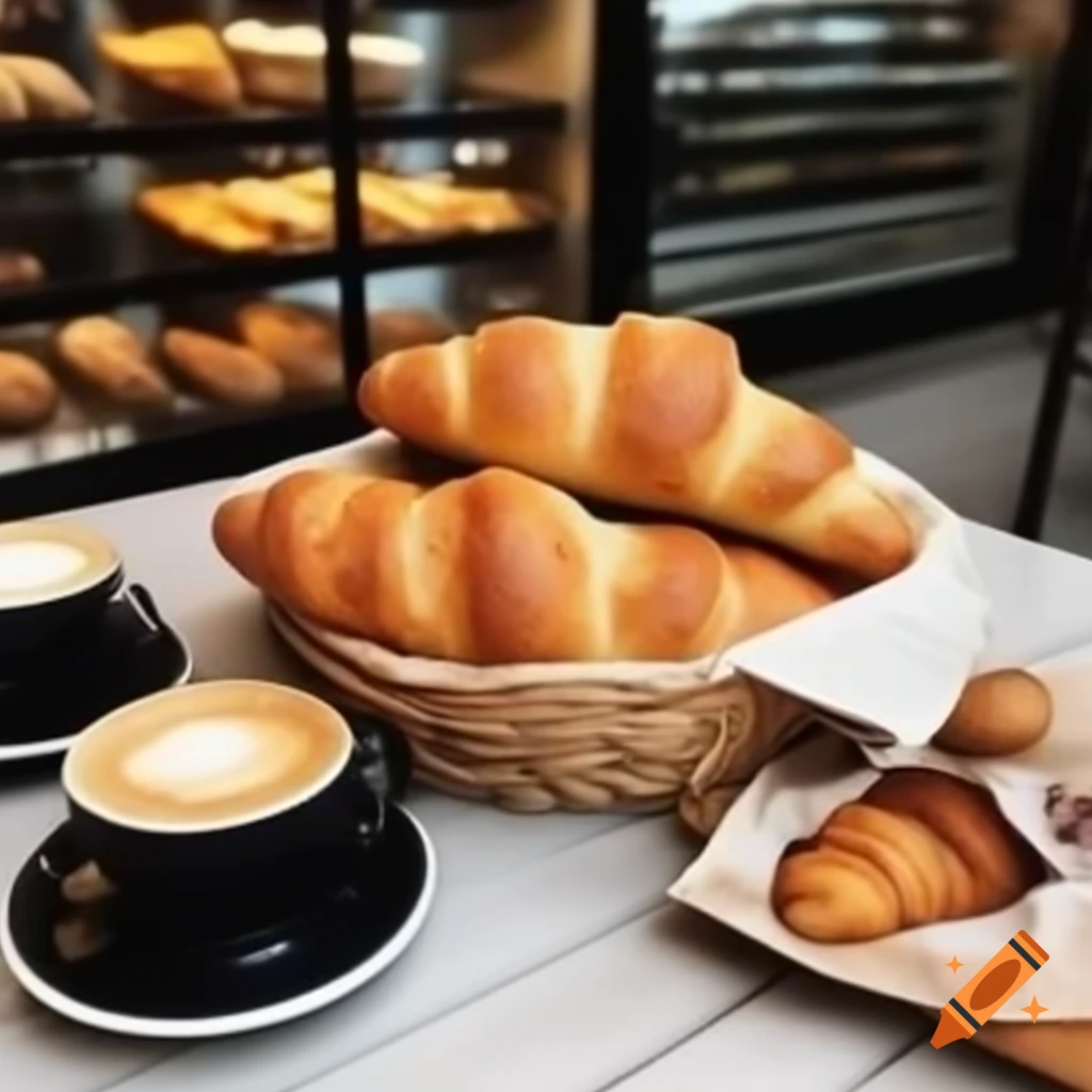 Delicious bread and croissants with coffee on bakery table on Craiyon