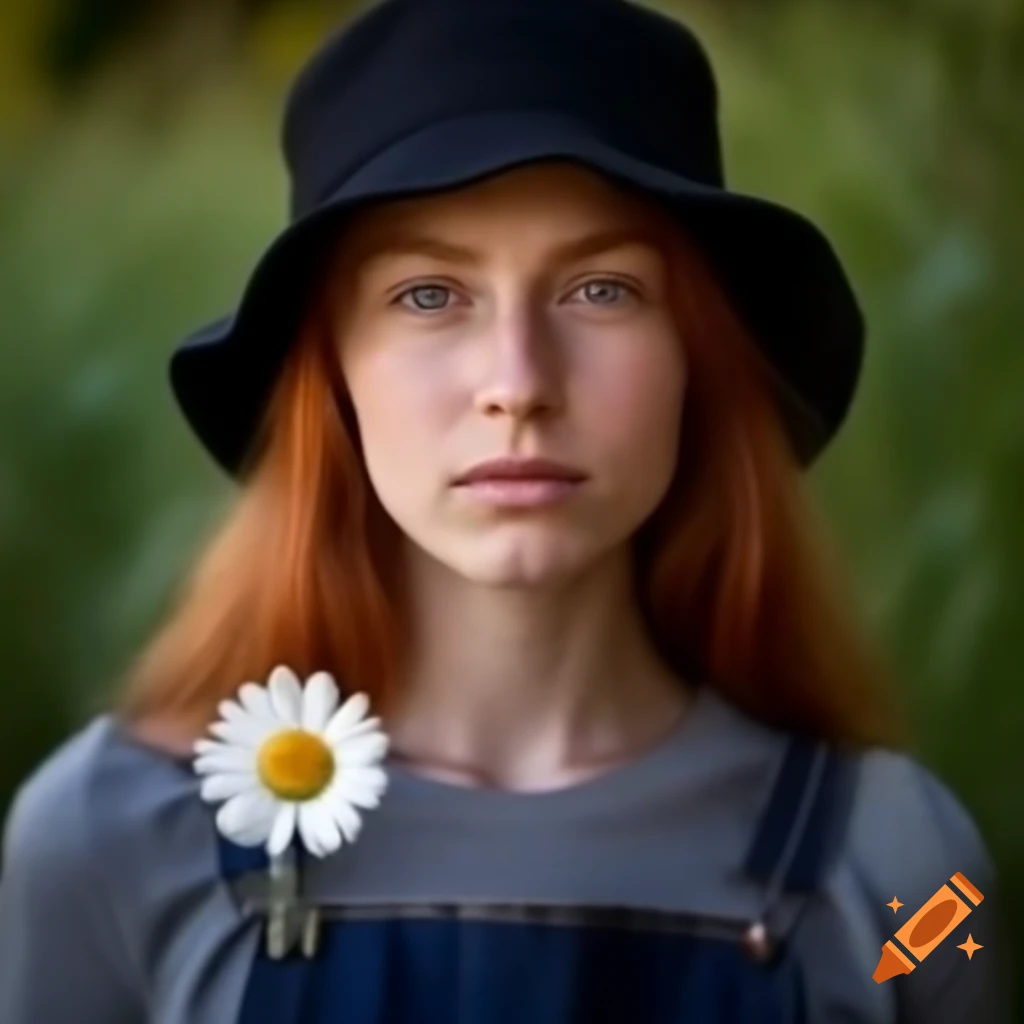 Female gardener wearing black bucket hat and overalls, with ginger hair ...
