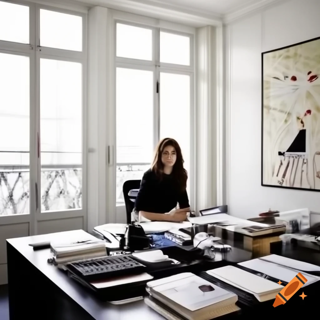 Elegant girl at modern desk surrounded by fabric samples and brand ...