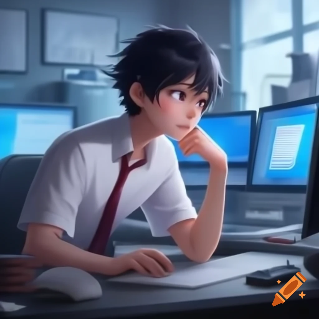 Anime-style portrayal of ambitious young man at modern tech office desk ...