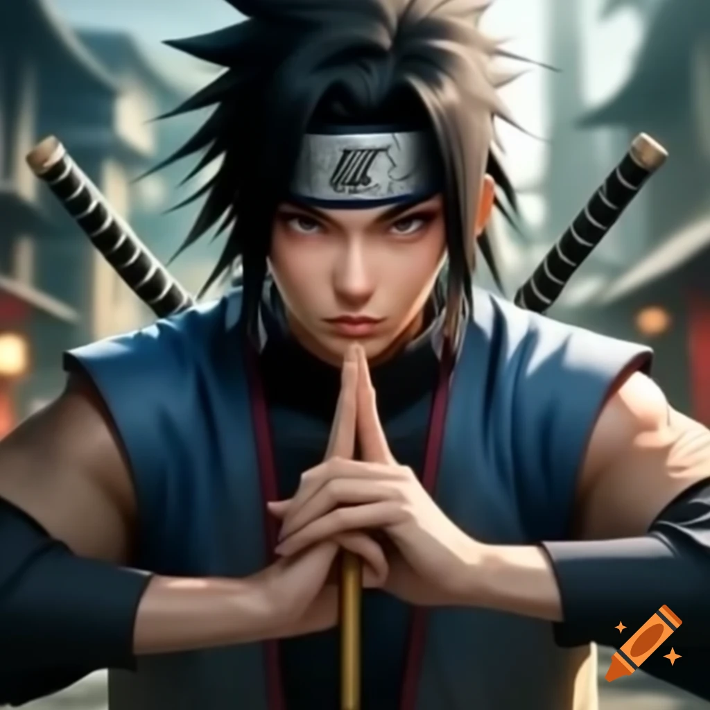 Young male ninja in Konoha Chunin vest with swords and wind effects on Craiyon